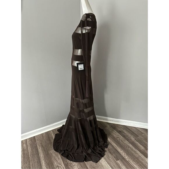 Norma Kamali | Dresses | Nwt Norma Kamali Long Sleeve Spliced Meshstriped Fishtail Gown ...